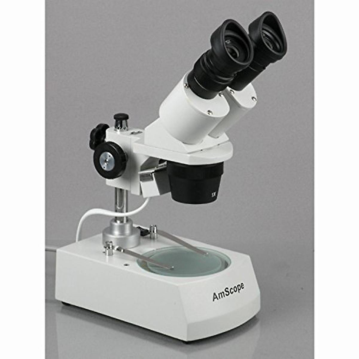 AmScope SE306R-P Forward-Mounted Binocular Stereo Microscope, WF10x Eyepieces, 20X and 40X Magnification, 2X and 4X Objectives, Upper and Lower Halogen Lighting, Reversible Black/White Stage Plate, Pillar Stand, 120V