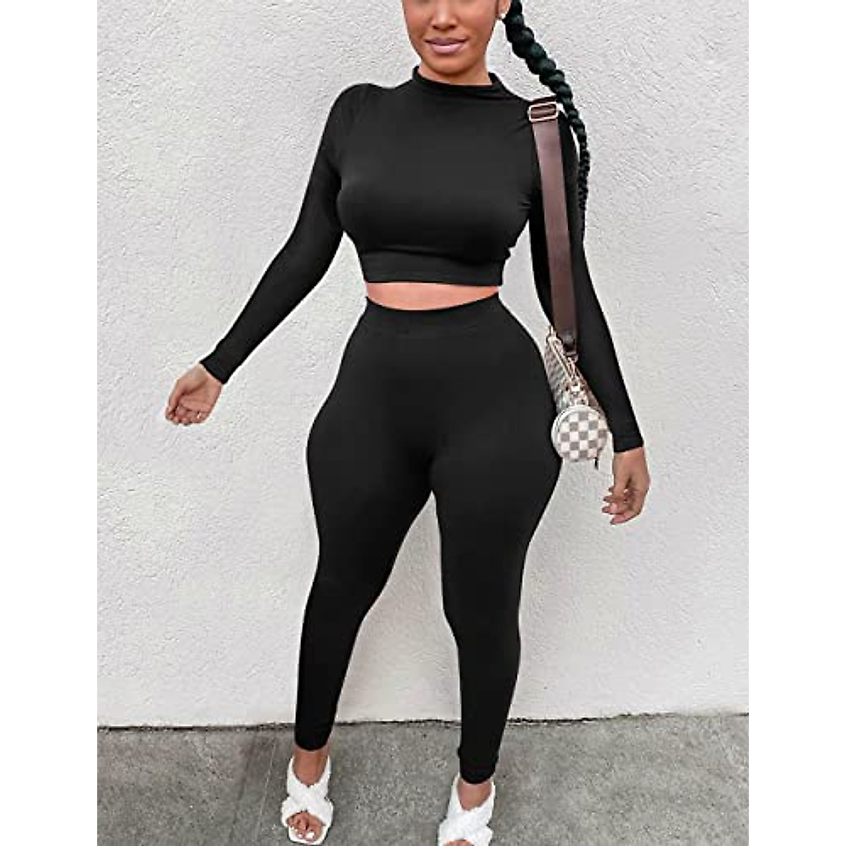 Mizoci Women's Workout 2 Piece Outfits Crop Top High Waisted Legging Pants Set Long Sleeve Track Suits Jumpsuit,Medium,Black