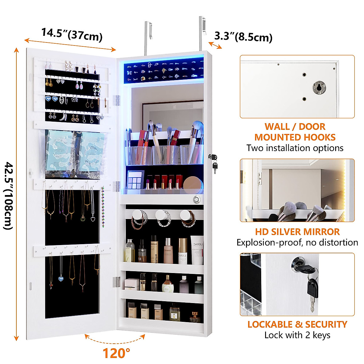 Vlsrka Jewelry Mirror Cabinet with LED Lights, Wall Mounted/Door Hanging Full-Length Jewelry Mirror, Lockable Storage Cabinet, Built-in Makeup Mirror for Bedroom Cloakroom (White)
