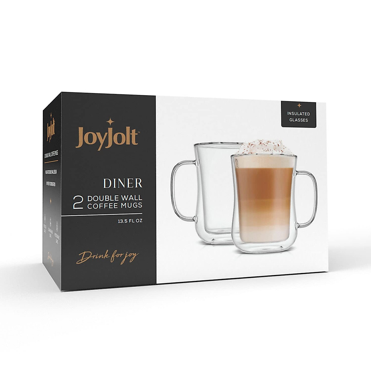 JoyJolt Double Wall Glass Coffee Mugs - 13.5oz Diner Coffee Mug Set of 2 Glass Coffee Cups. Insulated Coffee Mug, Cappuccino Cup, Latte Cup. Glasses That Don't Sweat, Clear Mugs for Hot Beverages.