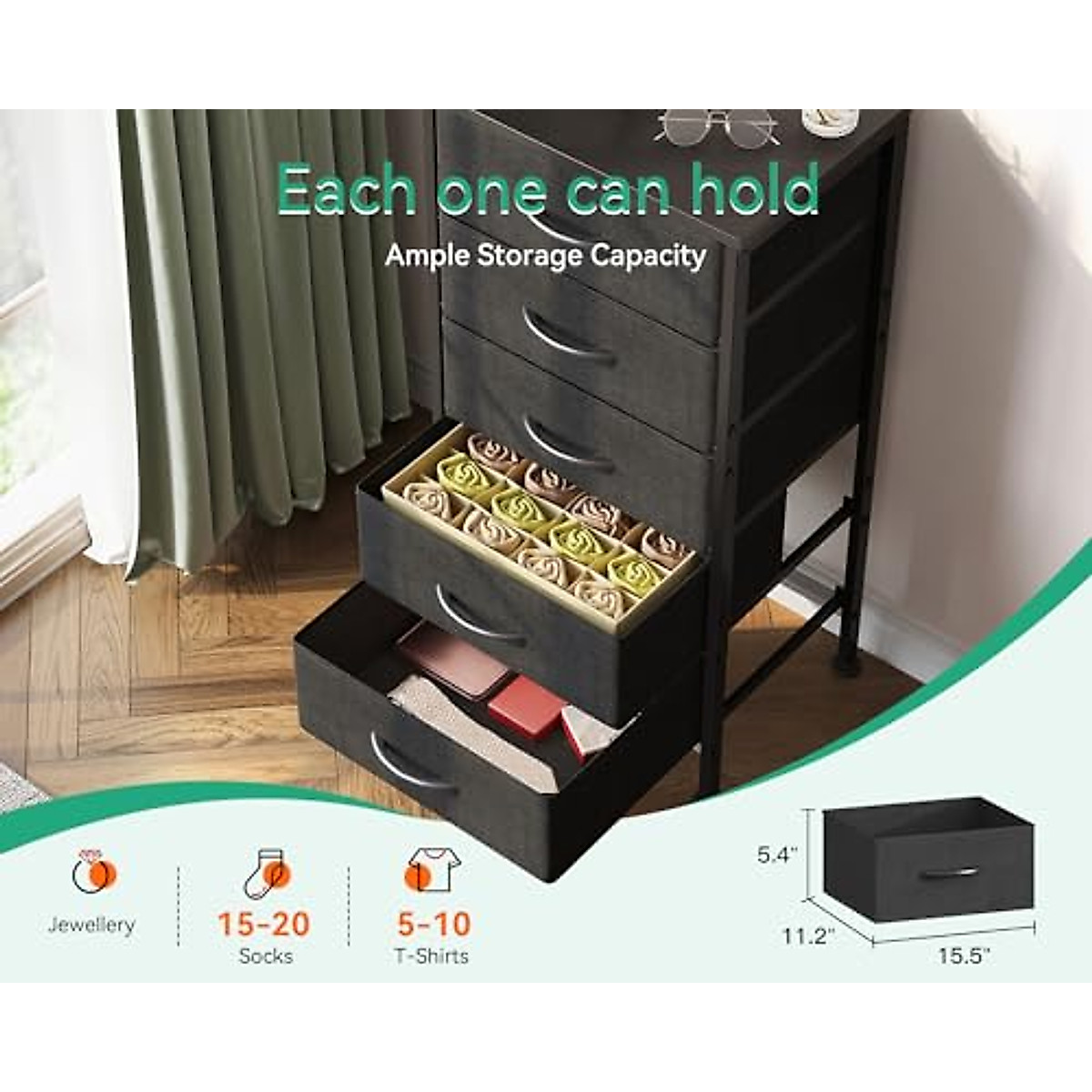 AODK Dresser for Bedroom with 5 Storage Drawers, 31" Small Dresser Chest of Drawers Fabric Dresser with Sturdy Steel Frame, Black