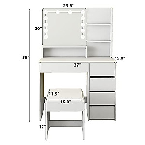 Furniouse 37" W Vanity Desk, Vanity Mirror with Lights and Table Set with 5 Drawers, Vanity Set 3 Lighting Modes Brightness Adjustable for Bedroom Studio