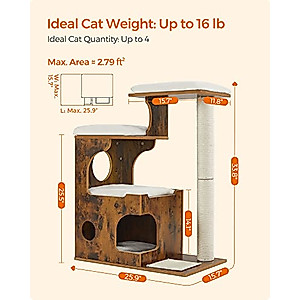 FEANDREA 33.9-Inch Cat Tower, Medium Cat Tree with 3 Beds and Cave, Cat Condo Made of MDF with Wood Veneer, Sisal Post and Washable Faux Fur, Vintage, Rustic Brown and White UPCT70HW