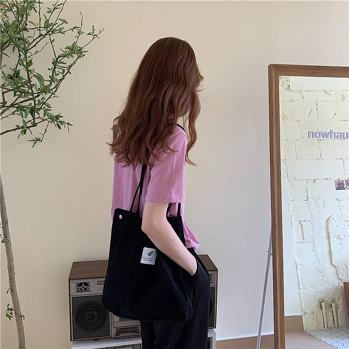 TCHH-DayUp Corduroy Tote Bag for Women Girl Canvas Handbags Shoulder Purse (Black) Medium