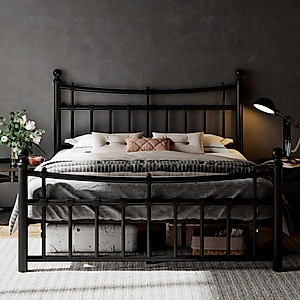 Feonase Queen Size Metal Bed Frame with Modern Iron-Art Headboard & Footboard, Platform Bed Frame with 12" Storage Space, Hardened Steel Slats, No Box Spring Needed, Black