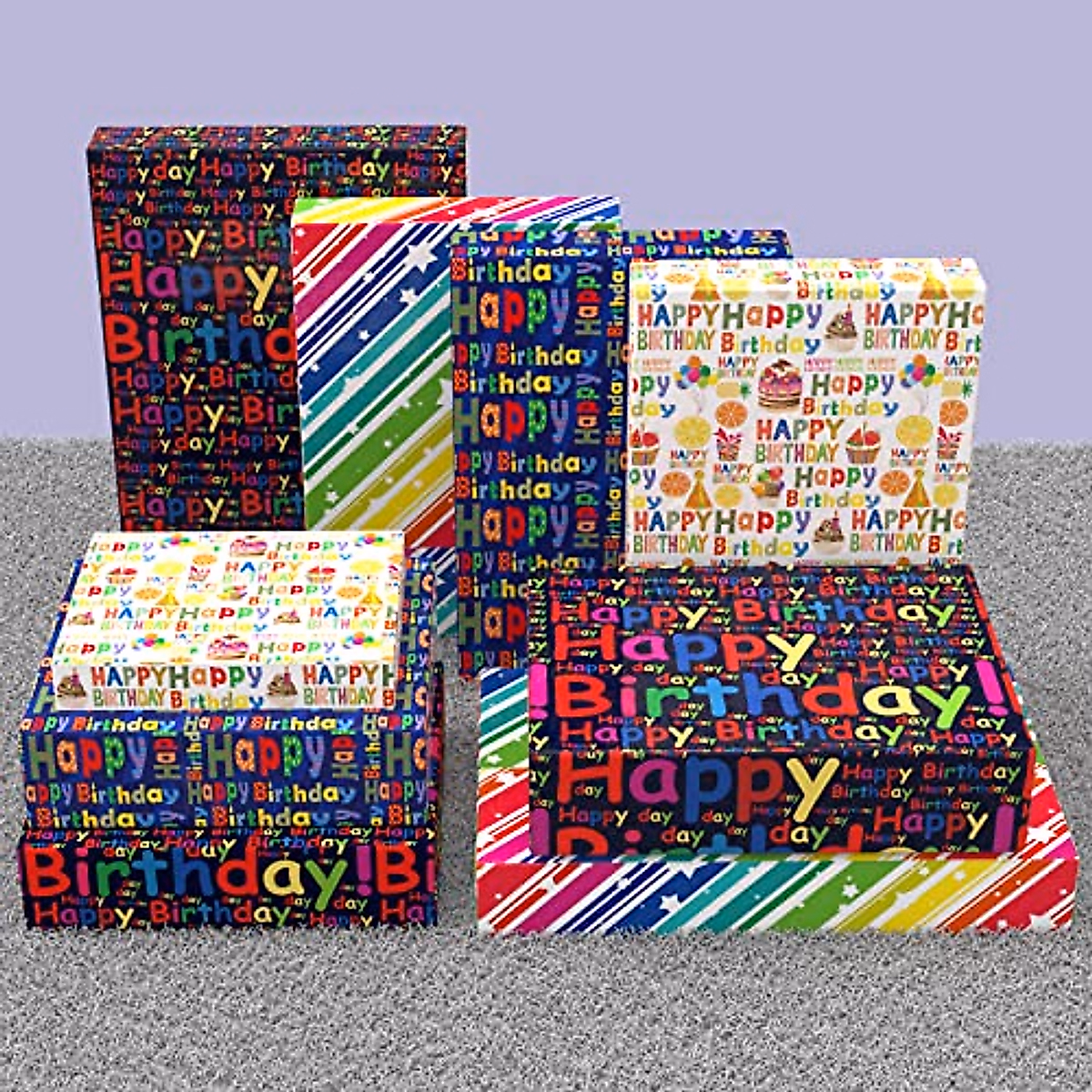THMORT Birthday Wrapping Paper for Kids, Boys&Girls, Adults.Gift Wrapping Paper sheet With Black Background, Rainbow Star Stripe Happy Birthday for Baby Shower,Pack of 12 Sheets 20 X 29 Inch.