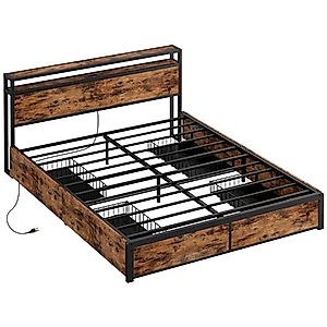 LIKIMIO Full Size Bed Frame with Storage, 2-Tier Storage Headboard with Charging Station and Four Drawers, No Box Spring Needed, Easy Assembly, Vintage Brown