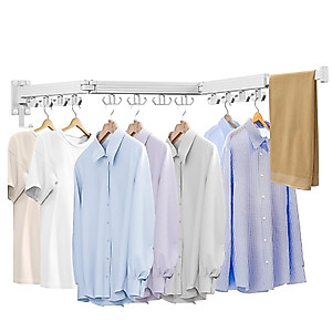 Kelisiting Wall Mounted Clothes Drying Rack, Laundry Drying Rack Wall Mounted, Upgrade 3-Foldable Clothing Drying Rack with 24 Hooks for Laundry, Laundry Organizer for Laundry & Dorms-White