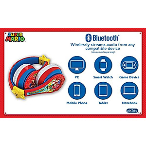 eKids Super Mario Wireless Bluetooth Portable Kids Headphones with Microphone, Volume Reduced to Protect Hearing Rechargeable Battery, Adjustable Kids Headband for School Home or Travel