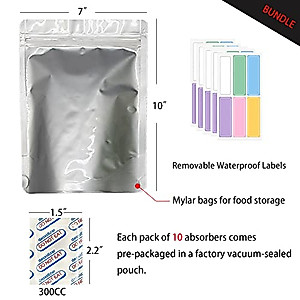 60 Mylar Bags for Food Storage with Oxygen Absorbers 300cc, Thick 5 mil, 7"x10" Quart Stand-Up Zipper Pouches, Heat Sealable Mylar Bags for Long Term Food Storage (60)