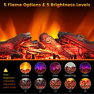 Tangkula 26” Electric Fireplace Log Set Heater with Remote, 5 Flame Modes & Brightness, Thermostat Control, 8H Timer, Realistic Lemonwood Ember Bed, Infrared Quartz Electric Fireplace Insert, 1500W