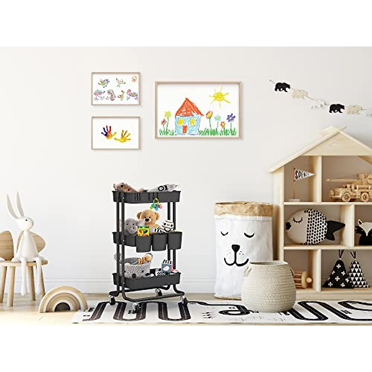 CAXXA 3-Tier Rolling Storage Organizer with 3 Small Baskets - Mobile Utility Cart with Caster Wheels (Black)