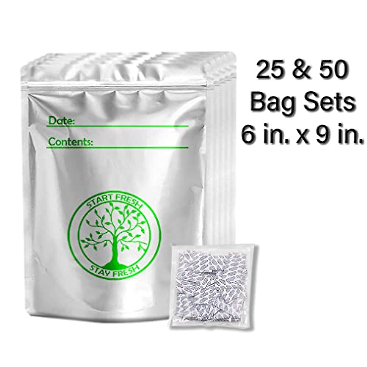 25 PCS , Quart , (4 cups) , Mylar Bags With Oxygen Absorbers , (200cc) , 6"x9" , Extra Thick , 9.4MIL , Mylar Bags for Food Storage , Long Term Food Storage , Resealable Zipper Bag , Ziplock Bag Organizer , Large , Vacuum Sealable for Dry or Freeze Food