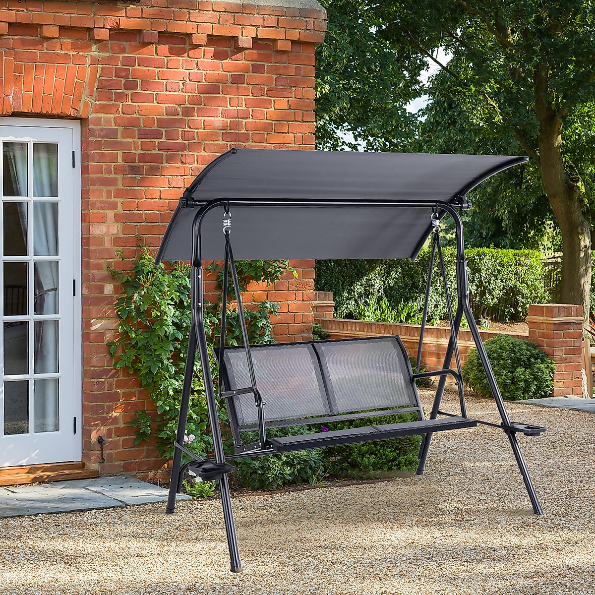 Backyard Expressions 2 Person Patio Swing with Grey Sling Fabric and Black Metal Frame - 450 lbs Weight Capacity