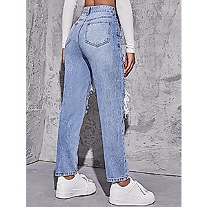 MakeMeChic Women's High Waist Straight Leg Ripped Jeans Distressed Denim Pants Light Wash M