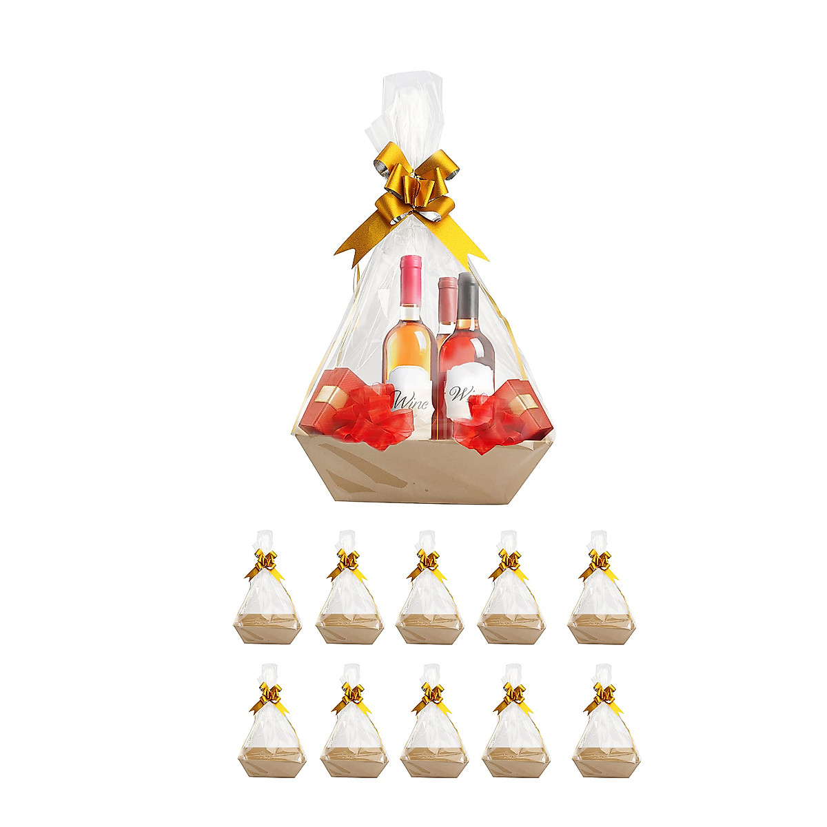 [10 Pk] Baskets for Gifts Empty| 8x10” Kraft Gift Basket Kit with Basket Empty, Basket Bags, Gold Pull Bows| Wine Basket Gift Set| Christmas, Easter, Occasions| Gift to Impress-Upper Midland Products