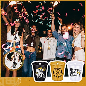 12 Pieces Happy New Year Shot Glass Beaded Necklace Plastic Shot Necklace Cups New Years Party Shot Glasses Necklace Favors for Adults and Teens New Year's Party Family Gathering Supplies, 3 Colors