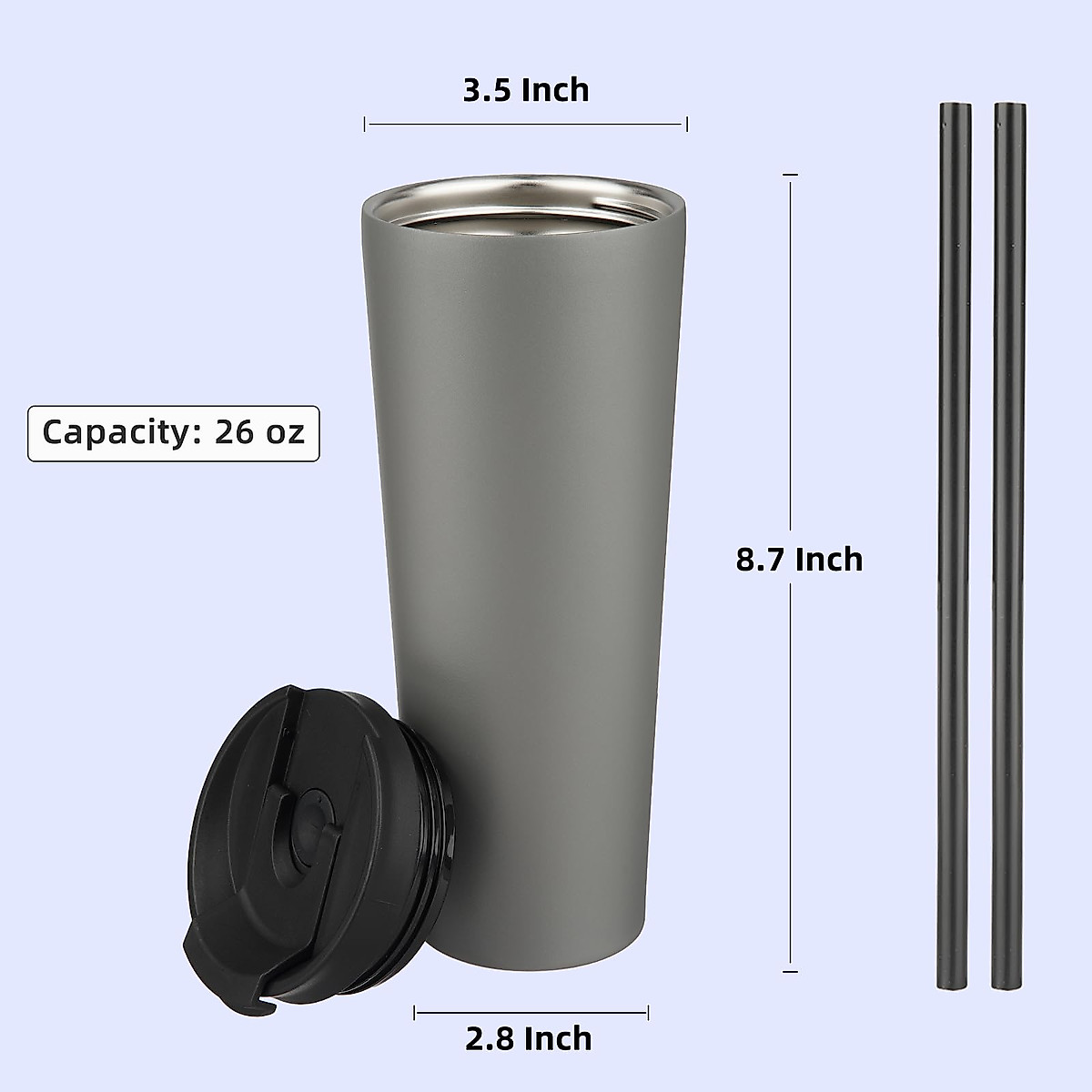 Konokyo 26 OZ Insulated Tumbler with Lid and 2 Straws Stainless Steel Water Bottle Vacuum Travel Mug Coffee Cup,Gray