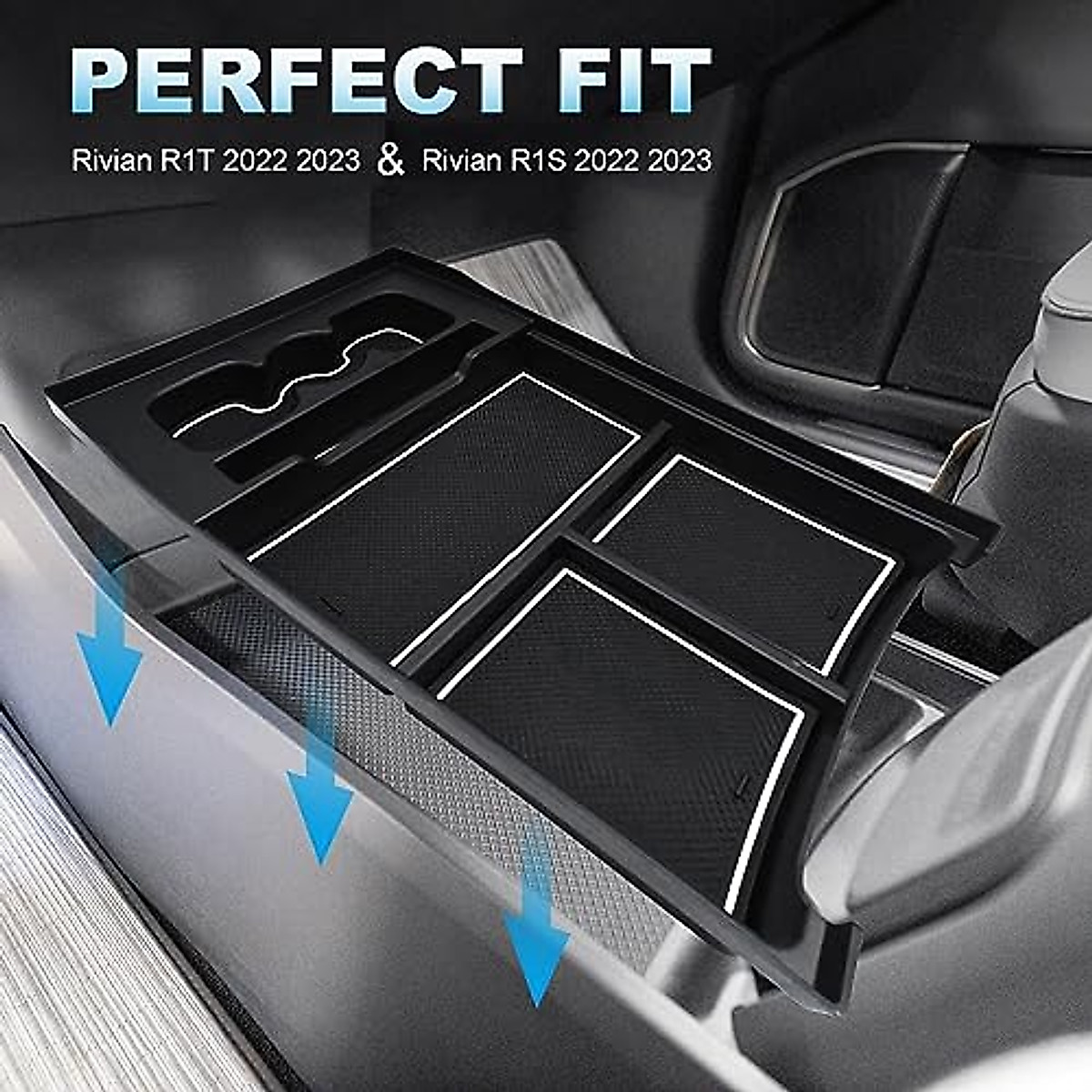 Lower Center Console Organizer for Rivian R1T & Rivian R1S Floor Storage Insert Box with White PVC Trim Rivian Organizer Tray with Cup Holder Compatible with Rivian R1T R1S 2022 2023