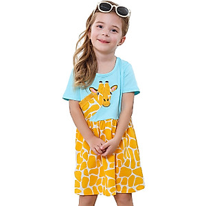 RETSUGO Little Girls A-Line Dress Kids Cute Giraffe Short Sleeve Summer Sundress Toddler Girl Casual Cotton Outfits for Party 1-8 Years Giraffe-1056-6T