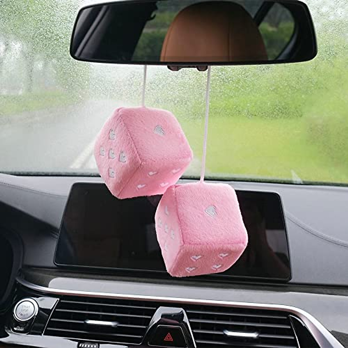 Cyncoy Pair Fuzzy Plush Dice for Car Rearview Mirror, 3" Retro Square Heart-Shape Decoration Dice for Hanging Car Accessories, Car Decorations for Women (Pink) (FD001)
