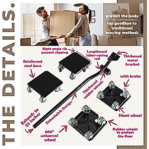 Furniture Sliders Dolly Movers, Furniture Moving Tools, Heavy Duty Furniture Lifter Kit, Safe Transport Tool Include 4 Universal Wheel Sliders and Crowbar, for Various Furniture