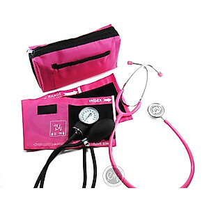 EMI #305 Pink Aneroid Sphygmomanometer Manual Blood Pressure Monitor with Adult Cuff and Dual Head Stethoscope Set Kit
