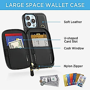 OUTXE iPhone 13 Pro Max Case Wallet for Women, Leather iPhone 13 Pro Max Wallet Case with Card Holder Wrist Strap Zipper, iPhone 13 Pro Max Purse Case Cover, 6.7 inch (Black)