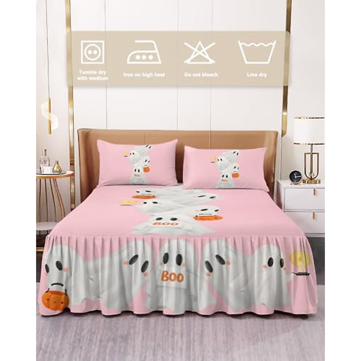 AMZRicher Halloween Wrap Around Pleated Bed Skirts for Queen Bed 60x80, Decorative Dust Ruffle Bed Sheet & Bedskirt 18'' Drop Bedspread with Pillow Case 20x30 White Ghost Pumpkin Blush Pink