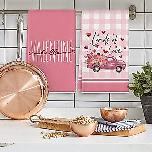 AnyDesign Valentine's Day Kitchen Towel Pink Romantic Truck Love Gnome Dish Towel Buffalo Plaids Sweet Hand Drying Tea Towel for Wedding Anniversary Cooking Baking, 18 x 28 Inch, Set of 4