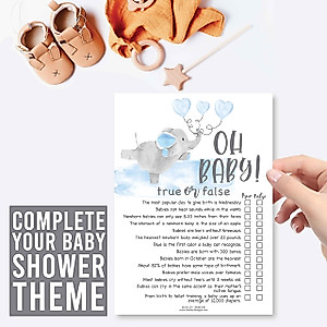 Hadley Designs Blue Elephant Baby Shower Games for Boys - 2 Games Double Sided, 25 Word Scramble for Baby Shower Ideas, 25 True Or False Baby Shower Game, Fun Baby Shower Games, Party Supplies