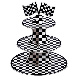3-Tier Round Cardboard Cupcake Stand, Racing Car Theme Cardboard Cupcake Holder, Car Theme Dessert Display Stand Tower, Black and White Checkered Car Party Decorations Supplies