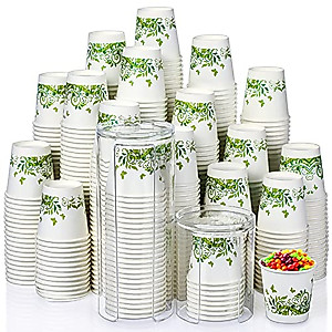 Irenare 500 Pack 2 oz Paper Cups with 2 Pcs Paper Cup Dispenser Disposable Bathroom Mouthwash Cups Green Leaf Small Hot Cold Beverage Drinking Cups for Home Kitchen Holiday Party Event Picnic Travel