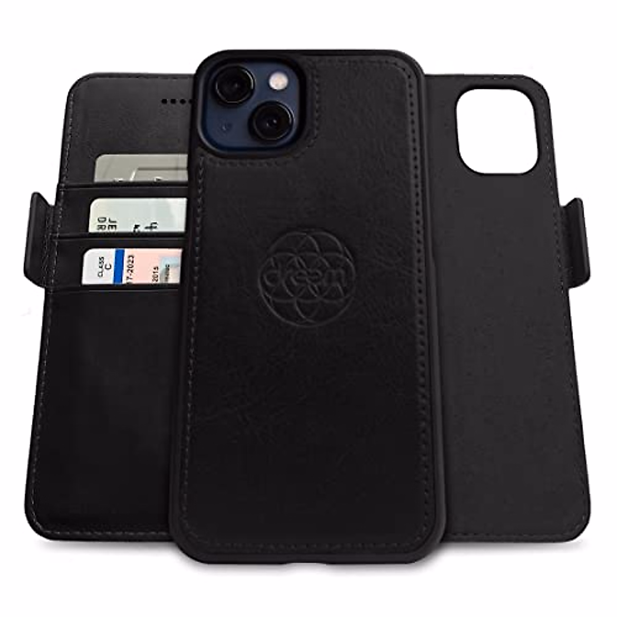 Dreem Fibonacci 2-in-1 Wallet Case for Apple iPhone 13 - Luxury Vegan Leather, Magnetic Detachable Shockproof Phone Case, RFID Card Protection, Magsafe Compatible - Black