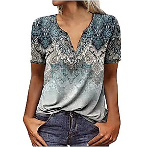 SMIDOW Trendy Summer Tops for Women 2023 Casual Loose Fit Short Sleeve v Neck Shirts Ethnic Style Graphic Tees Blouse