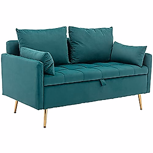 DM Furniture Mini Loveseat with Storage, Modern 53" Button Tufted Velvet Tiny Sofa Couches for Living Room/Bedroom/Office/End of Bed, Peacock Green