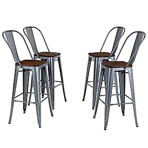 PHI VILLA Metal Patio Bar Stools Set of 4, 30 inches Counter Height Stools with Wooden Seat and High Back, Industrial Style Bar Chairs for Indoor & Outdoor, Pub, Kitchen Island - Matte Grey