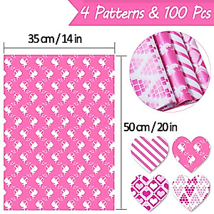 Bolsome 100 Sheets Valentines Day Tissue Paper, Hot Pink Love Heart Rose Red Stripe Cupid Arrow Tissue Paper for Valentine Gift Wrapping, Wedding Birthday Party DIY Art Craft Decoration, 14x20 inch