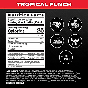 PRIME Hydration TROPICAL PUNCH | Sports Drinks | Electrolyte Enhanced for Ultimate Hydration | 250mg BCAAs | B Vitamins | Antioxidants | 2g Of Sugar | 16.9 Fluid Ounce | 12 Pack