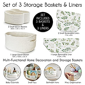 Sweet Jojo Designs Green Boho Floral Leaf Boy Girl Woven Storage Basket Set 3p Cotton Rope Diaper Bins Baby Nursery Kid Closet Drawer Organizer Liner White Bohemian Gender Neutral Watercolor Botanical