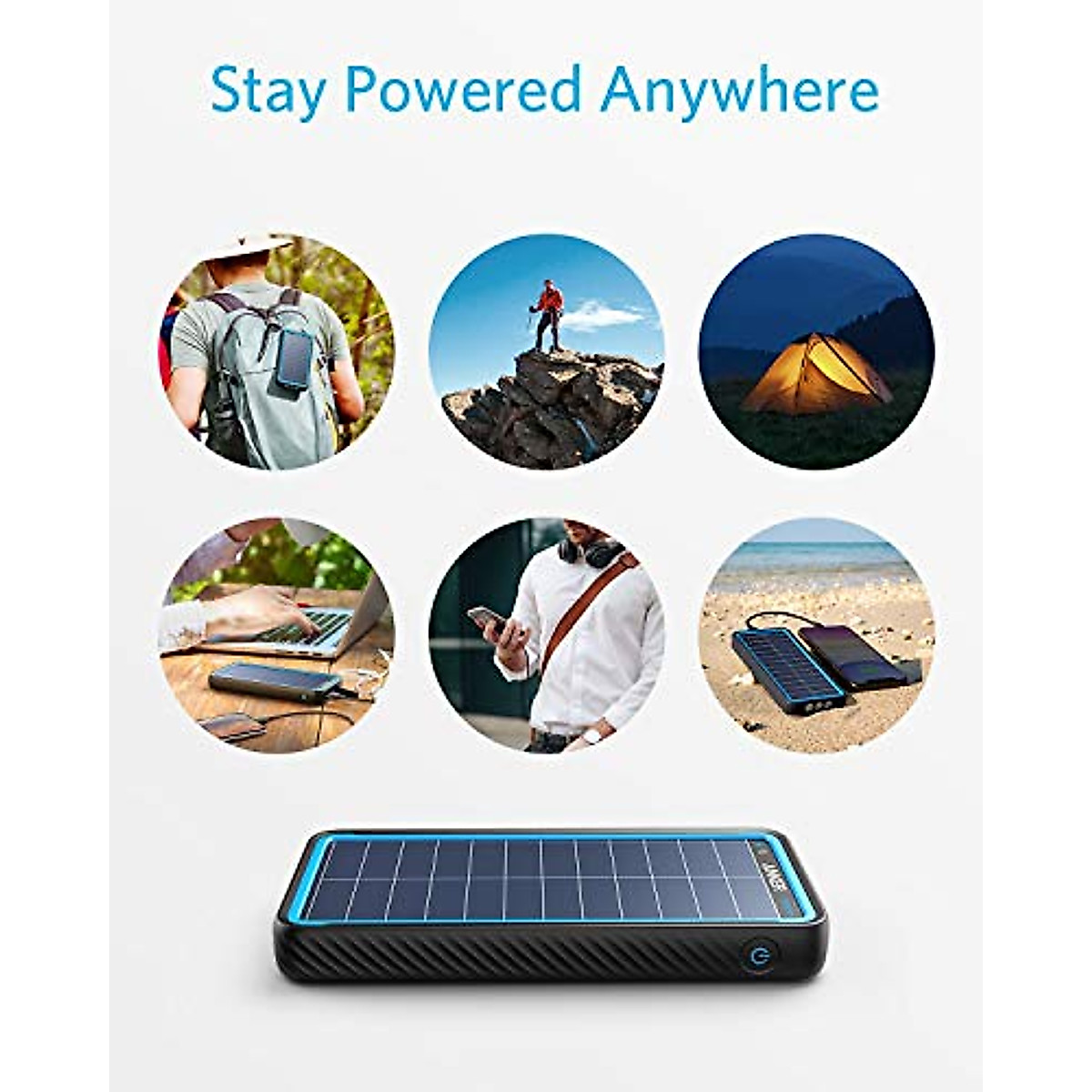 Anker PowerCore Solar 10000, 15W Power Bank 10,000 mAh with Dual Ports, Flashlight, IP64 Splash Proof and Dustproof for Outdoor Activities, Compatible with Smartphones and Other Devices