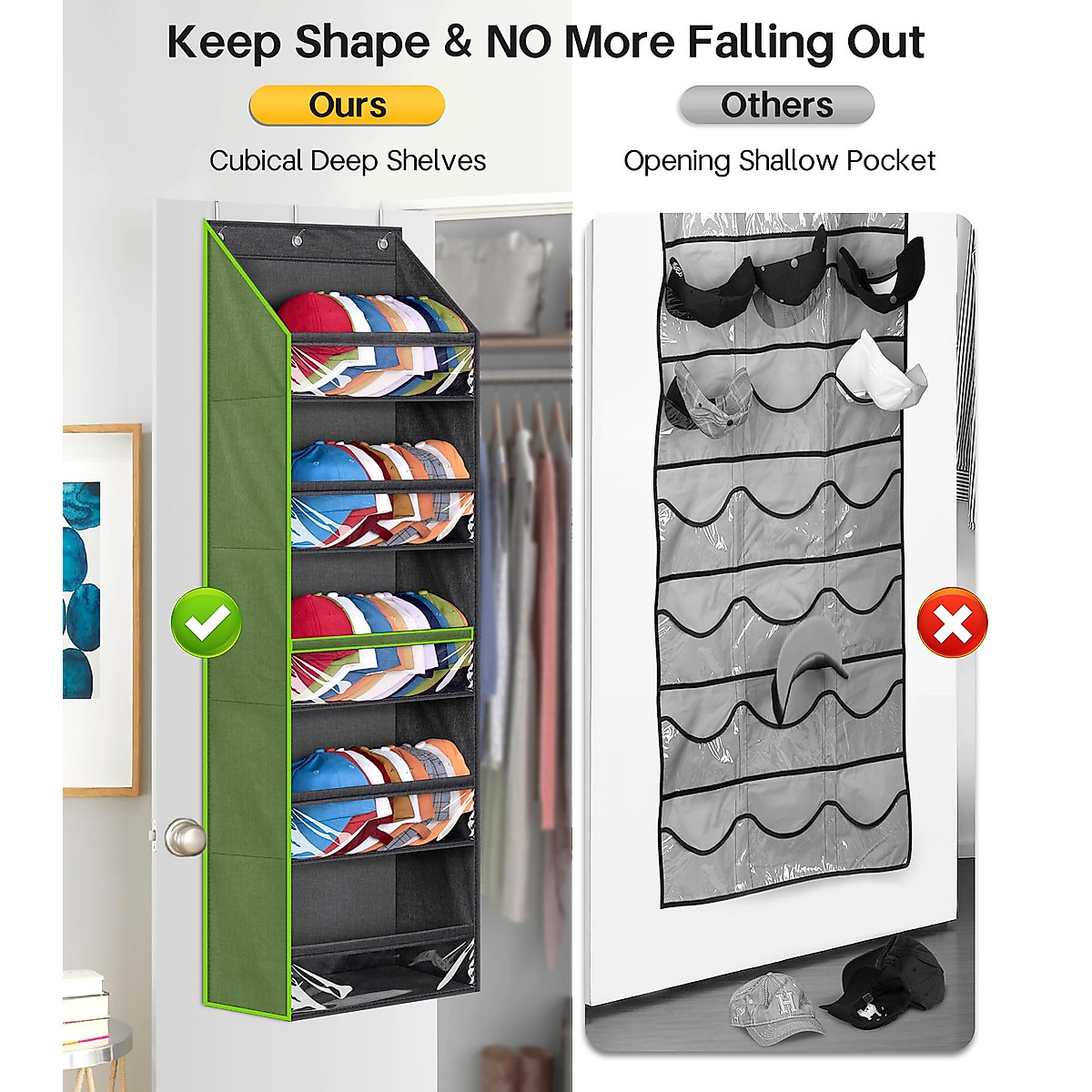 SLEEPING LAMB Over Door Hat Racks for Baseball Caps, Clear Deep Pockets Hat Organizer for Closet or Wall Hold 60 Hats Storage Holder With 3 Hooks Caps Display (Black)