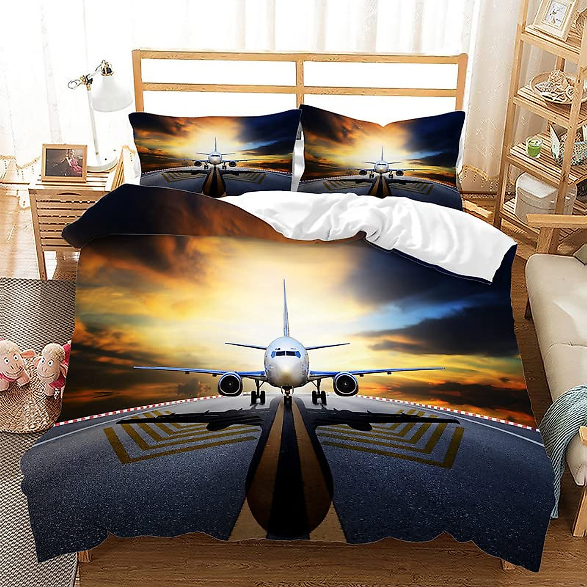 Jingzhang Airplane Duvet Cover Set, Decorative 2 Piece Bedding Set with 1 Pillow Shams,Twin Size