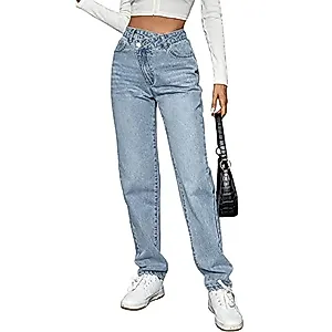 SweatyRocks Women's High Waisted Straight Leg Long Jeans Asymmetrical Waist Denim Pants Solid Pale Blue M