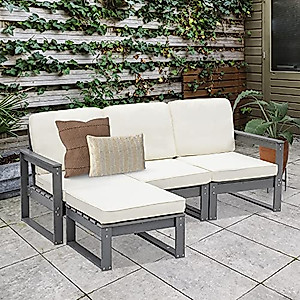 Laurel Canyon 3 Piece Outdoor Sofa HDPE Recycled Plastic Patio Sectional Sofa Outdoor Couch with Beige Cushions, Slate Grey