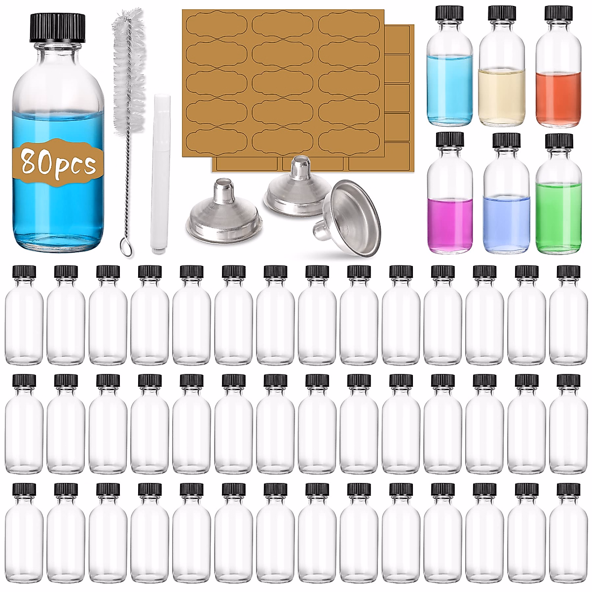 80 Pack, 2 oz Small Glass Bottles with Airtight Lids, 60 ml Empty Clear Sample Boston Bottle/Vials/Containers with180 Sticky Labels, Brush, Funnels