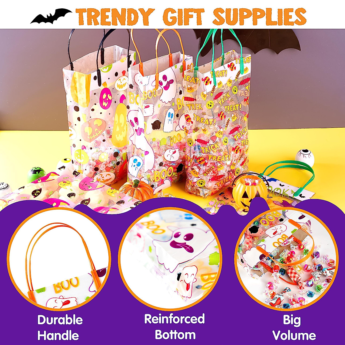 JOYIN 48PCS Halloween Cellophane Treats Bags, 6×11" Sturdy Trick or Treat Tote Bags, Goodies Gift Candy Bags, 6 Designs Clear Plastic Bags Bulk for Kids Girls Boys Halloween Party Favor Supplies