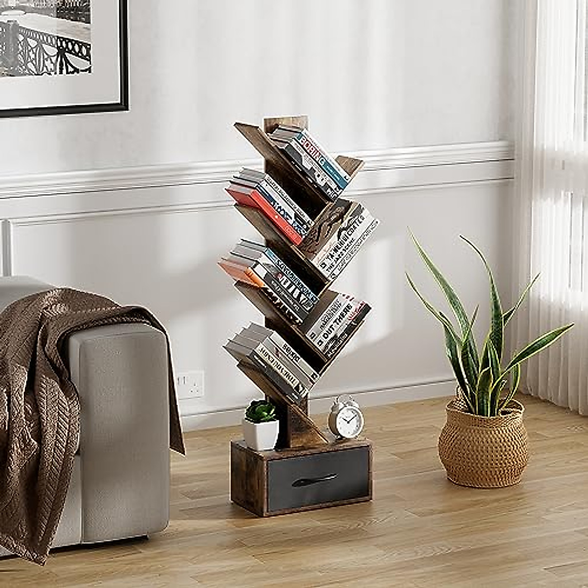 Egepon 6-Tier Tree Bookshelf with Drawer Rustic Brown Book Shelf Storage Rack Floor Standing Bookcase for CDs Movies Books Multifunctional Organizer Shelves for Home Office Living Room Bedroom