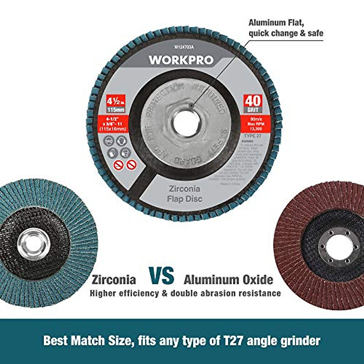 WORKPRO 5 Pack Zirconia Flap Disc, 40 Grit, Angle Grinder Sanding Disc, 4-1/2 inch Grinding Wheels, Flap Wheel Type#27 for Metal Grinding, Blending and Smooth Finishing