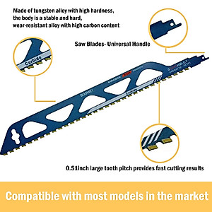 BOSWEI 18 inch 20TPI Reciprocating Saw Blade Demolition Masonry Hard Alloy Saw Blades, Pruning Blades Suitable for Cutting Tiny Wood, Porous Concrete, Brick